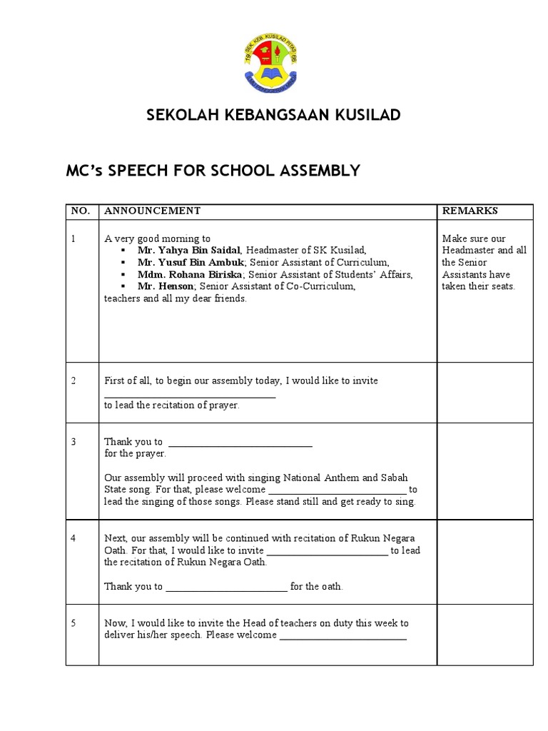Sekolah Kebangsaan Kusilad MC'S Speech For School Assembly: No ...