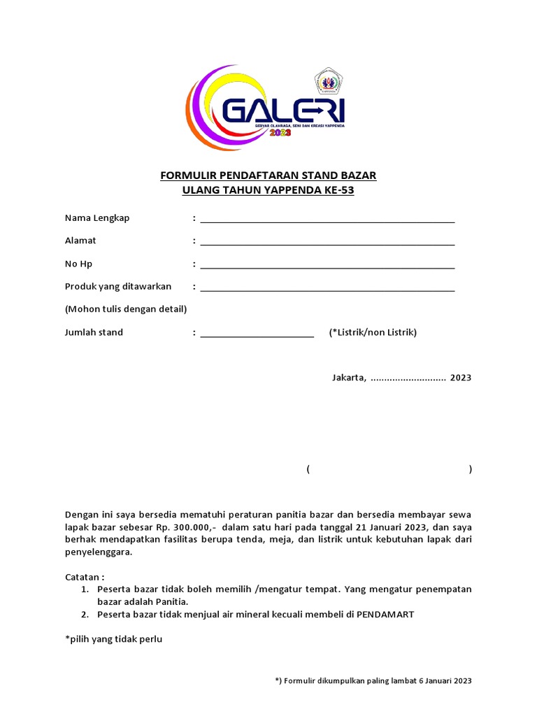 Stand Registration Form for Yappenda's 53rd Anniversary Bazaar | PDF