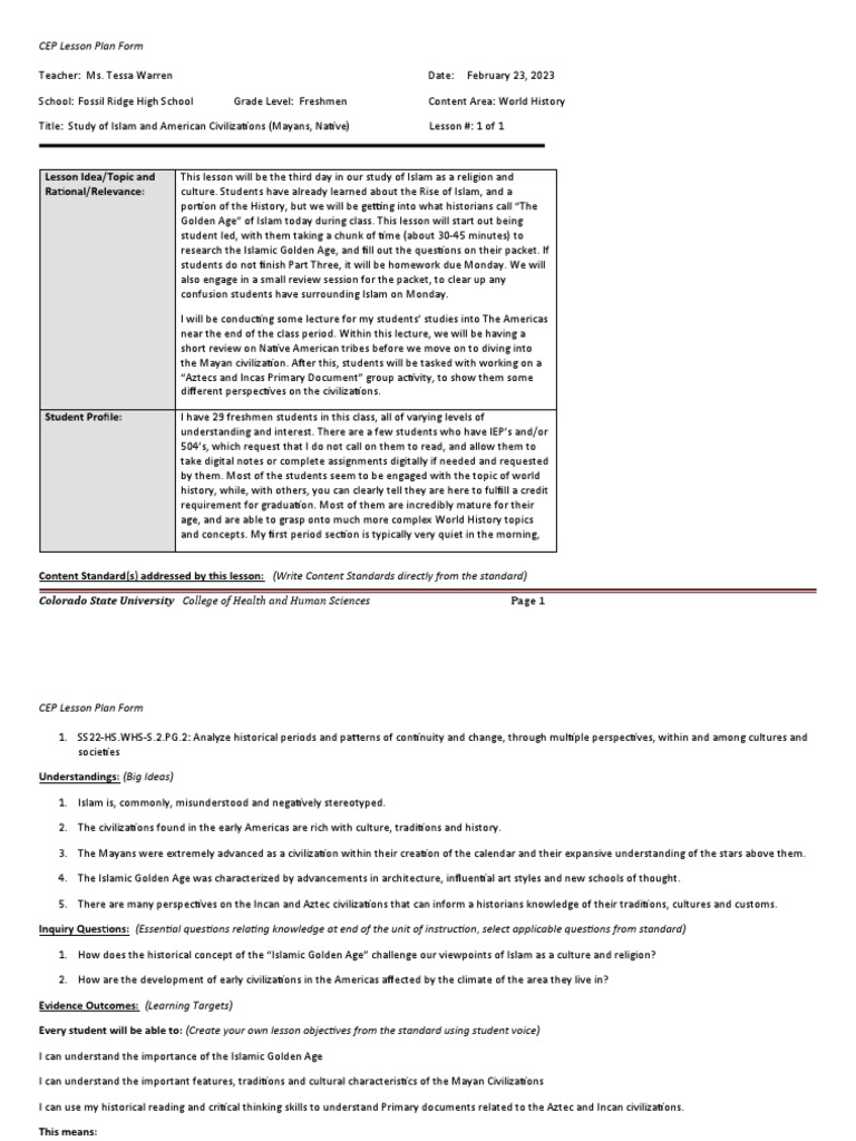 Cep Lesson Plan sp23 Islam and The Americas | PDF | Lesson Plan | Knowledge