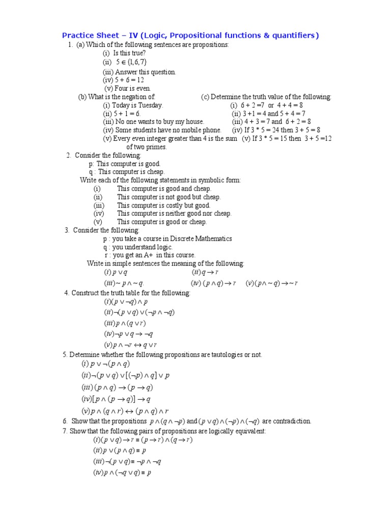 Practice Sheet IV | PDF | Logical Expressions | Syntax (Logic)