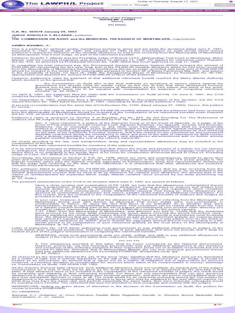 Allarde v. Commission On Audit 218 SCRA 227 | PDF | Statutory ...