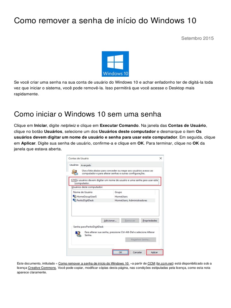 Como Remover A Senha de Inicio Do Windows 10 25024 Ntybqs | PDF