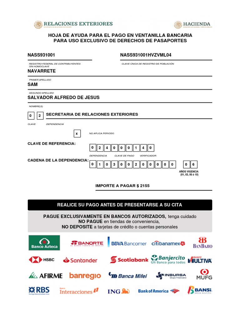 Hoja de Ayuda para El Pago en Ventanilla Bancaria para Uso Exclusivo de ...