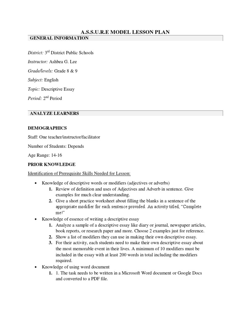 Lesson Plan Assure Model Sample | PDF | Essays | Teachers