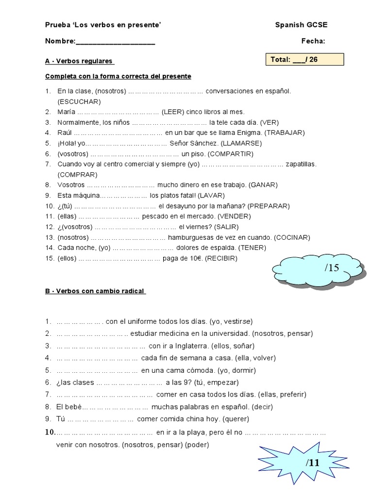 Prueba Presente Revision Tiempos Verbales | PDF
