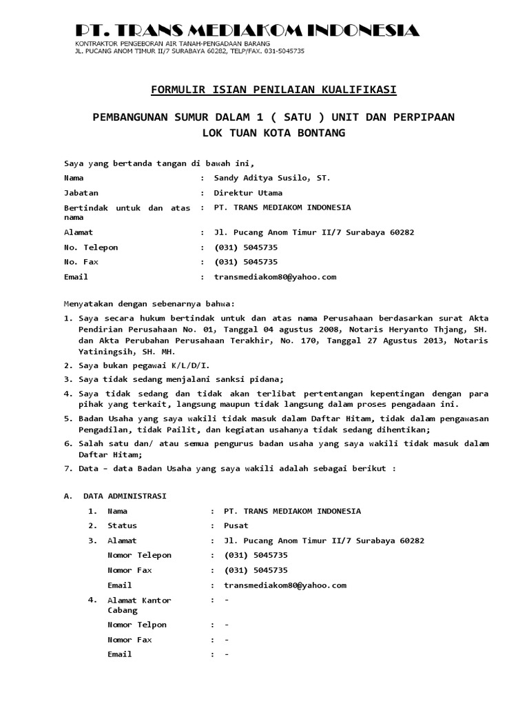 Penawaran - 002 # - Isian Kualifikasi - TMI | PDF