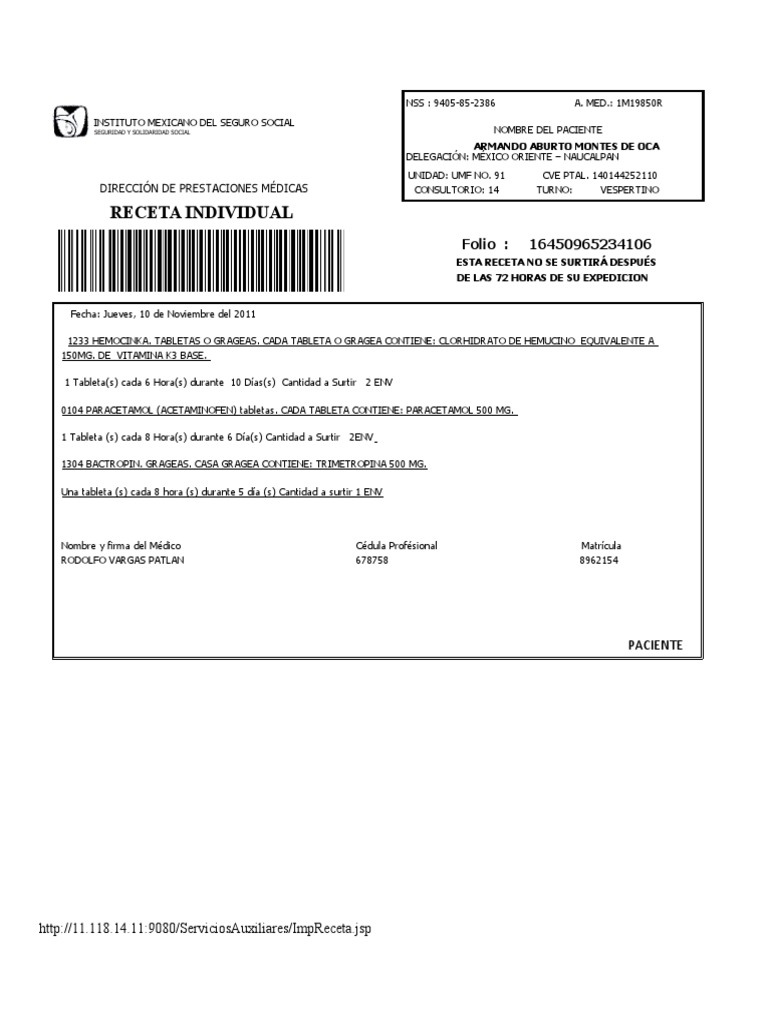 Receta Médica IMSS: Bactropin y Dosis | PDF