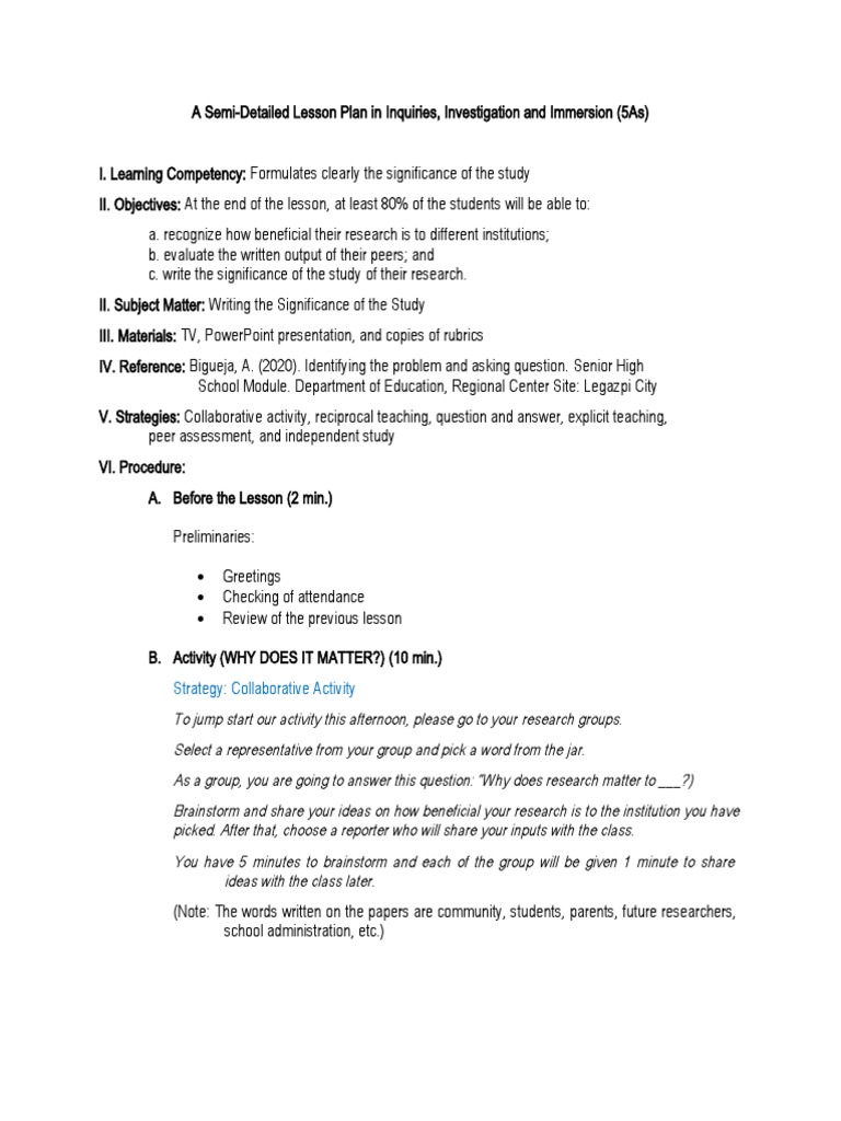 Writing Study Significance Lesson Plan | PDF | Rubric (Academic) | Anxiety