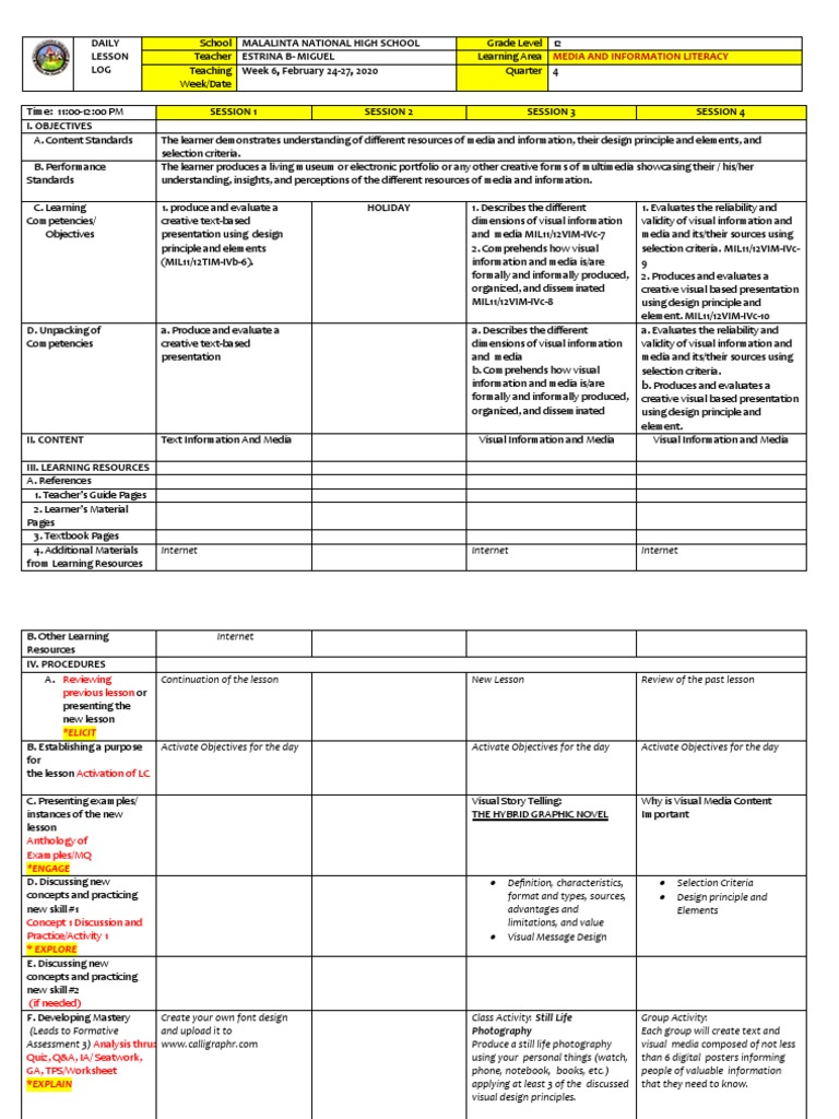 Daily Lesson LOG Week 6, February 24-27, 2020 Session 1 Session 2 Session 3 Session 4 I ...
