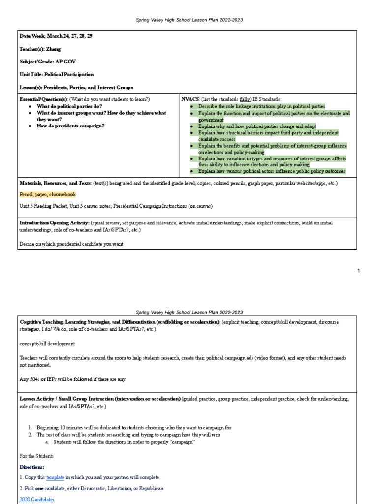Spring Valley High School Lesson Plan 2022-2023 | PDF | Lesson Plan ...