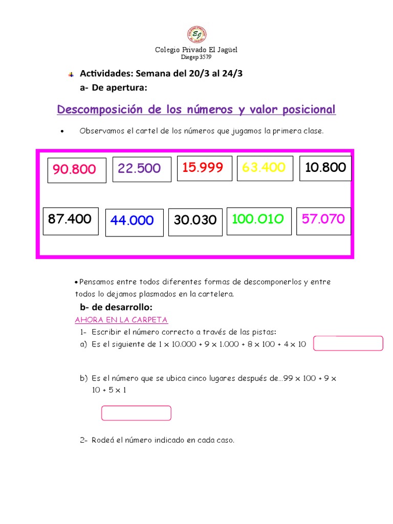 Descomposición de Los Números y Valor Posicional: Actividades: Semana ...