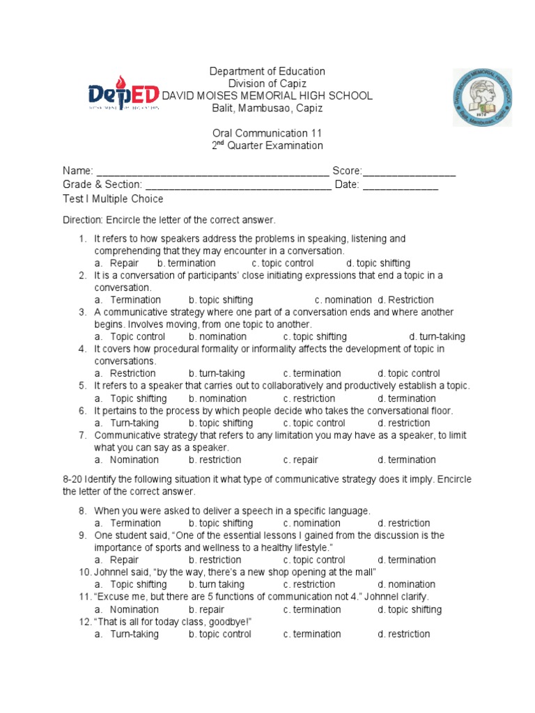 Oral Communication Exam 11 | PDF | Conversation | Human Communication