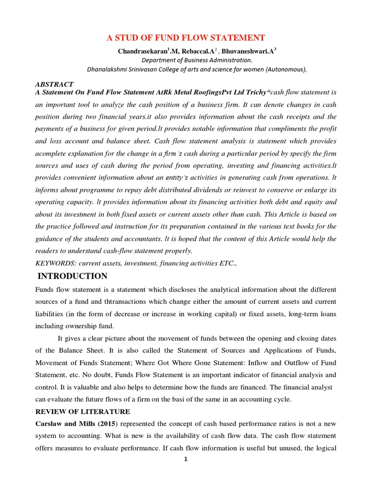 A Stud of Fund Flow Statement | PDF | Working Capital | Cash Flow Statement