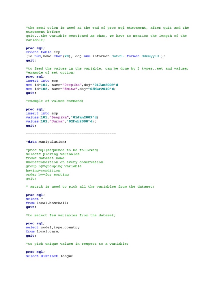 The Semi Colon Is Used at The End of Proc SQL Statement | PDF | Sql ...