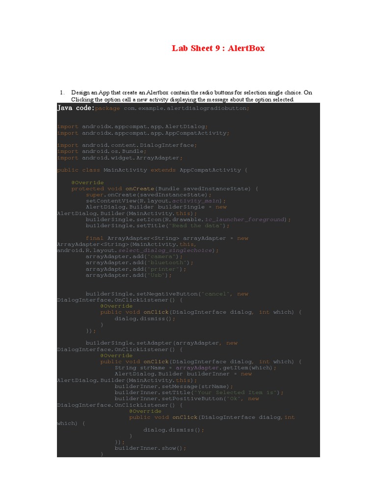 Lab Sheet 9: Alertbox: Java Code | PDF | Android (Operating System) | Operating System Families