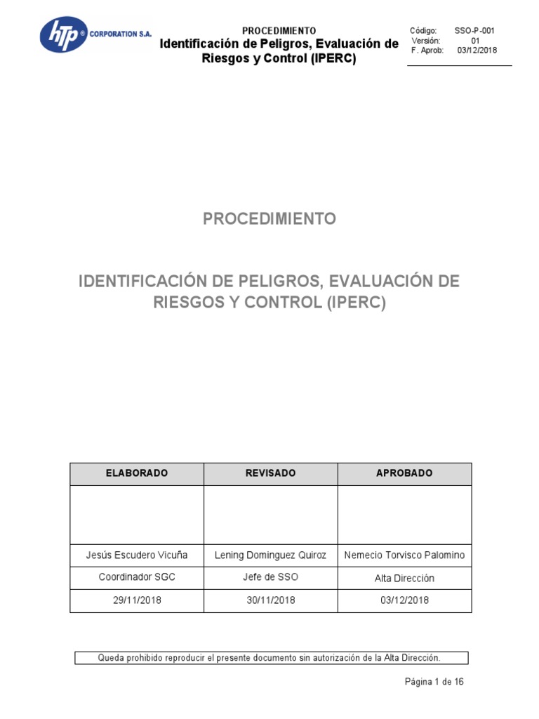 SSO-P-001 Procedimiento de Identificacion de Peligros, Evaluacion de Riesgo y Contol | PDF ...