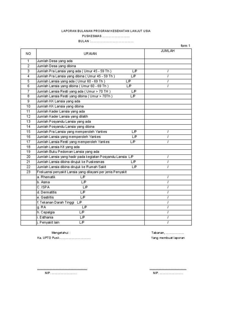 Laporan Bulanan Program Kesehatan Lanjut Usia PUSKESMAS BULAN | PDF