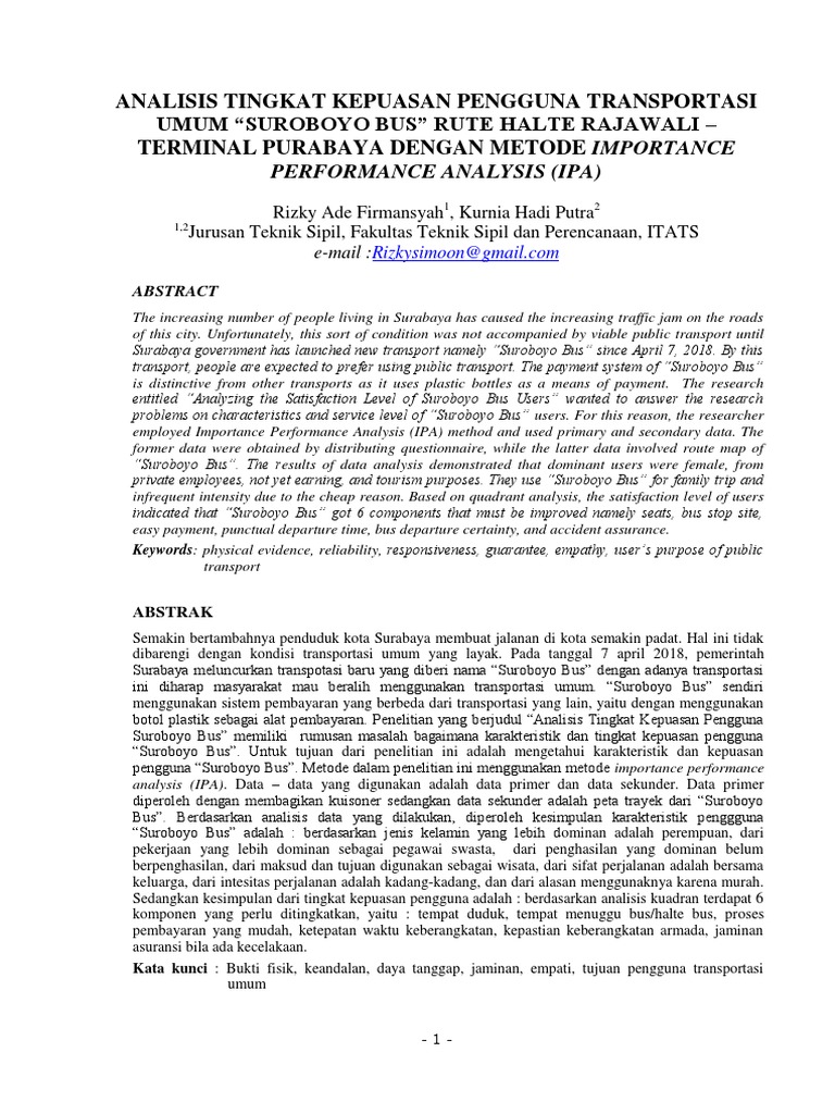 Analisis Tingkat Kepuasan Pengguna Transportasi Umum "Suroboyo Bus" Rute Halte Rajawali ...