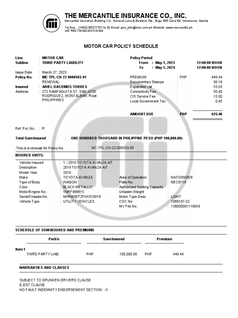 Renewal of Third Party Liability Motor Car Insurance Policy for Ariel ...