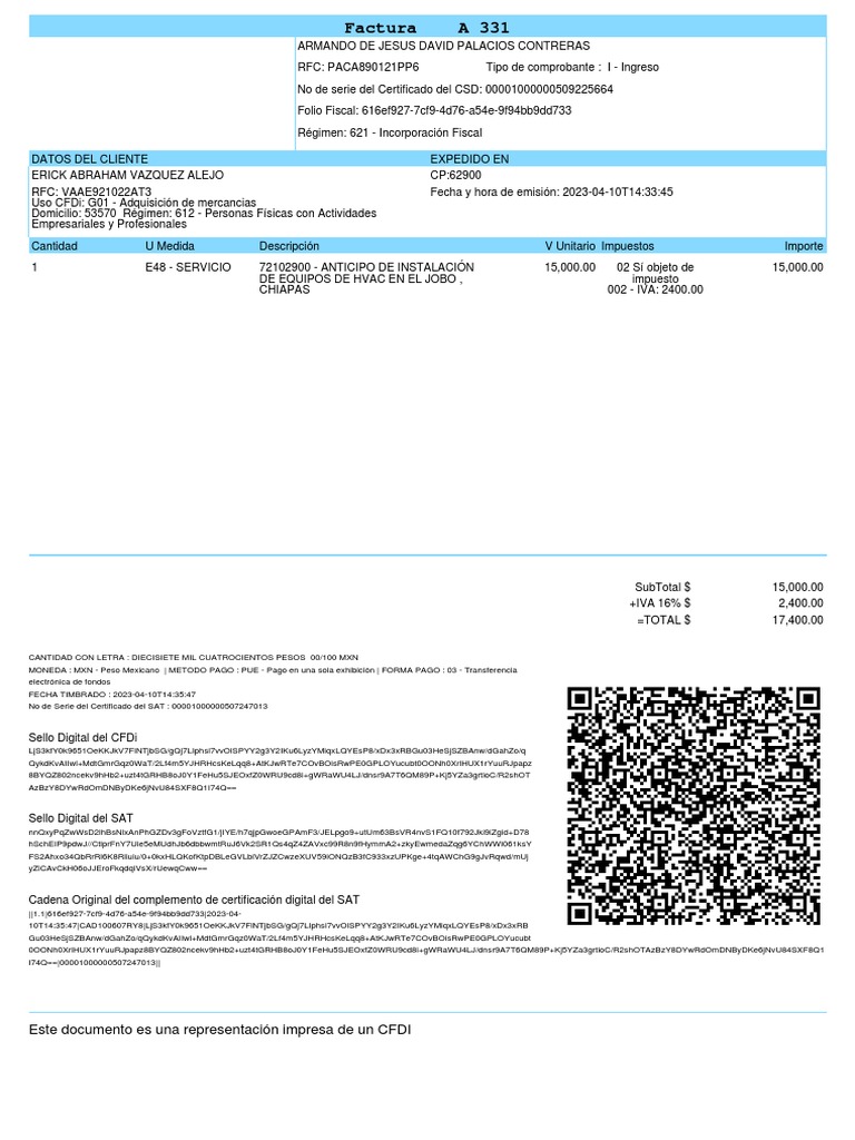 Factura A 331: Este Documento Es Una Representación Impresa de Un CFDI | PDF | Pagos | Dinero