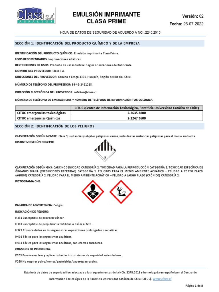 Emulsión Imprimante Clasa Prime: Seguridad y Peligros | PDF | Agua ...
