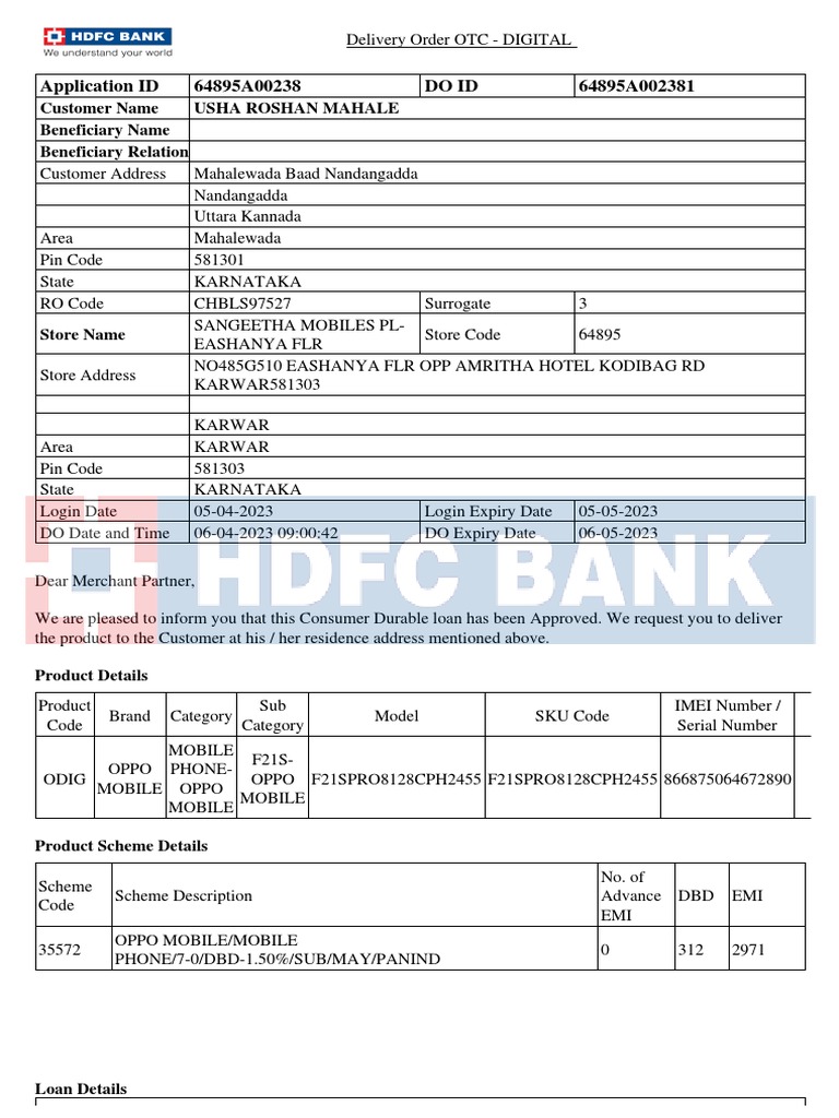 Application ID 64895A00238 Do Id 64895A002381: Customer Name Usha Roshan Mahale Beneficiary Name ...