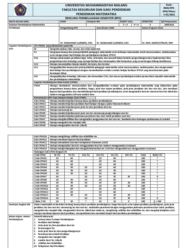 RPS - Evaluasi Pembelajaran Matematika | PDF