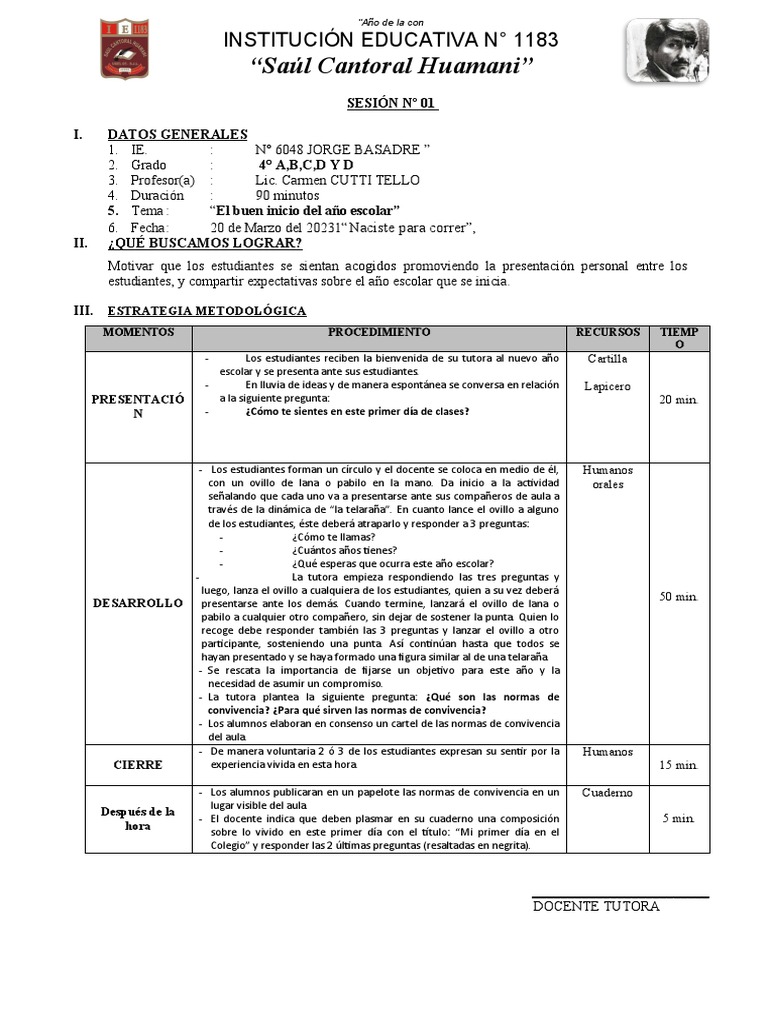Sesion Del Buen Inicio Del Ano Escolar Pdf
