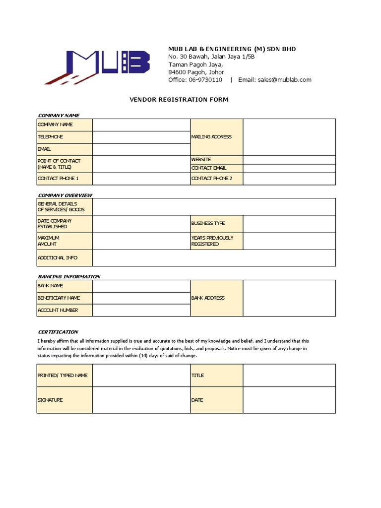Blank Form Vendor Registration Form Pdf