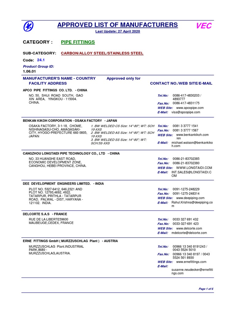 APPROVED LIST | PDF | Pipe (Fluid Conveyance) | Steel