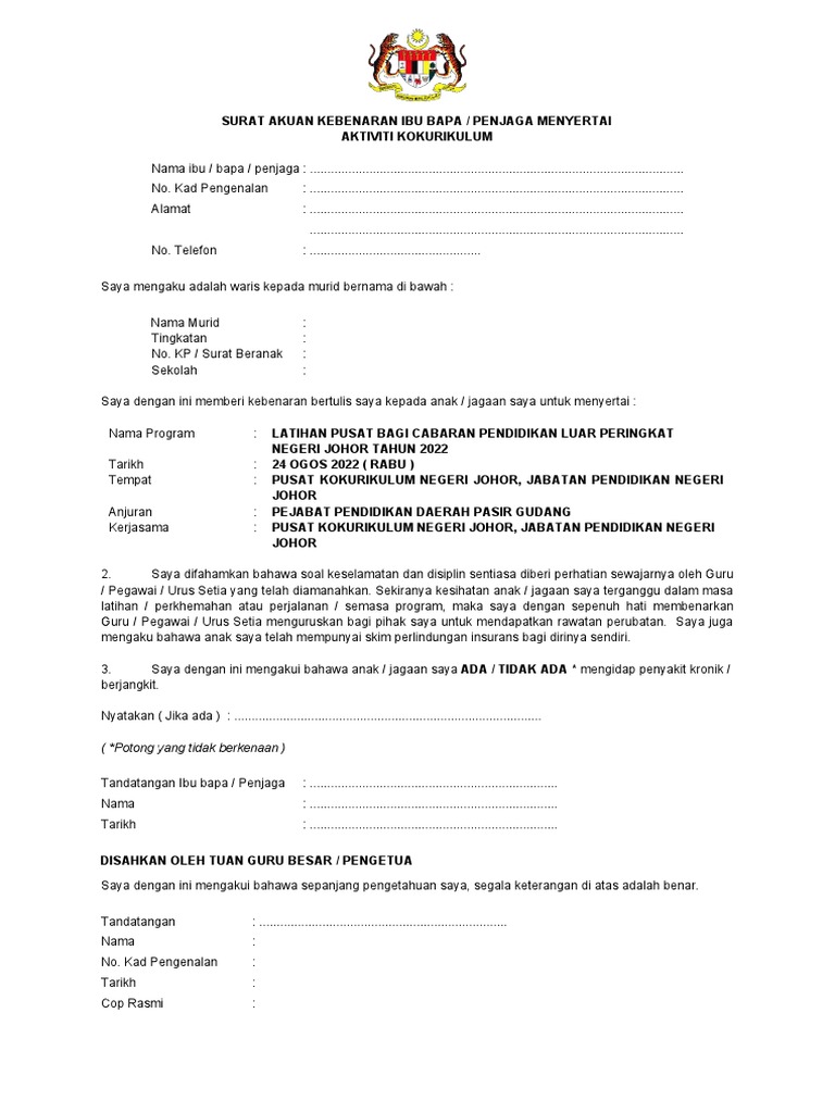 Surat Kebenaran Dan Akuan Kesihatan - Pusat Kokurikulum Negeri Johor | PDF