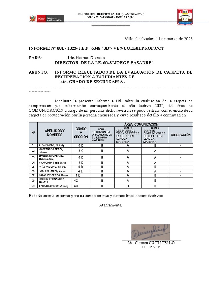 Informe de Evaluacion de Carpeta de Recuperacion | PDF