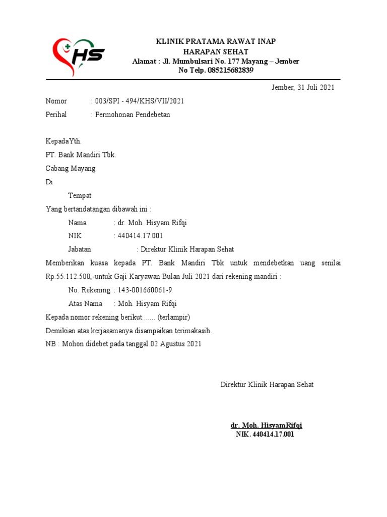 Surat Permohonan Debet 003 SPI | PDF