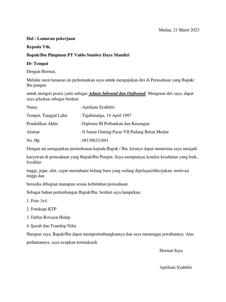 Lamaran Kerja di PT Valdo Sumber Daya | PDF