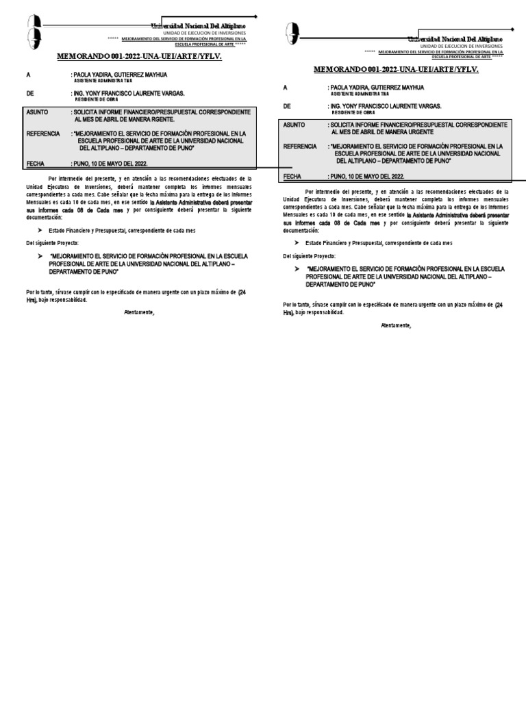 Memorando #001-2022 - Administrativo | PDF