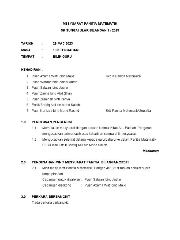 Minit Mesyuarat Bilangan 1 2023 | PDF