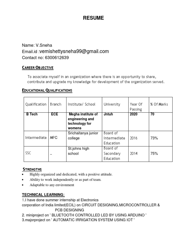 Sneha Resume For Job Pdf 
