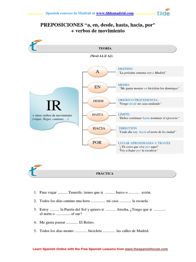 Spanish Grammar Exercises A2 Preposiciones y Verbos de Movimiento | PDF | Madrid