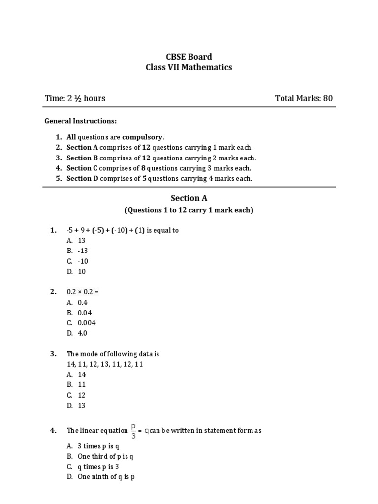 Time 2 Hours Total Marks 80 CBSE Board Class VII Mathematics PDF