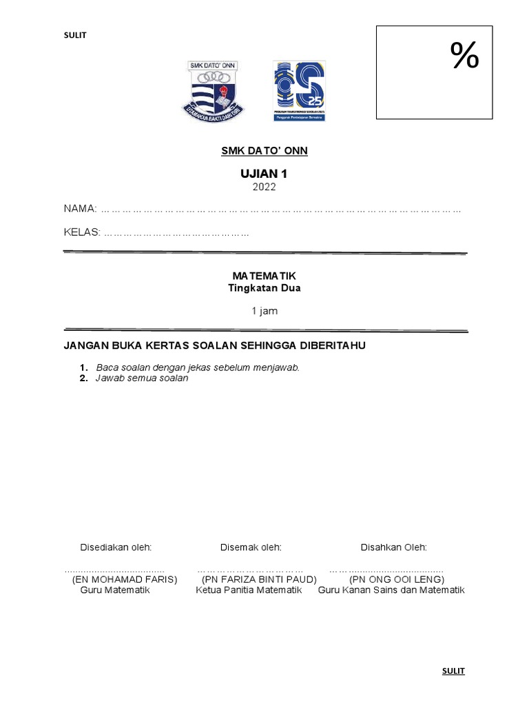 Ujian 1 Matematik Form 2 2022 | PDF