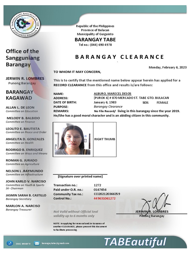 Barangay Clearance Certificate | PDF | Government