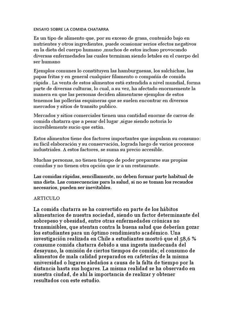 Ensayo Sobre La Comida Chatarra | PDF | Comida chatarra | Alimentos