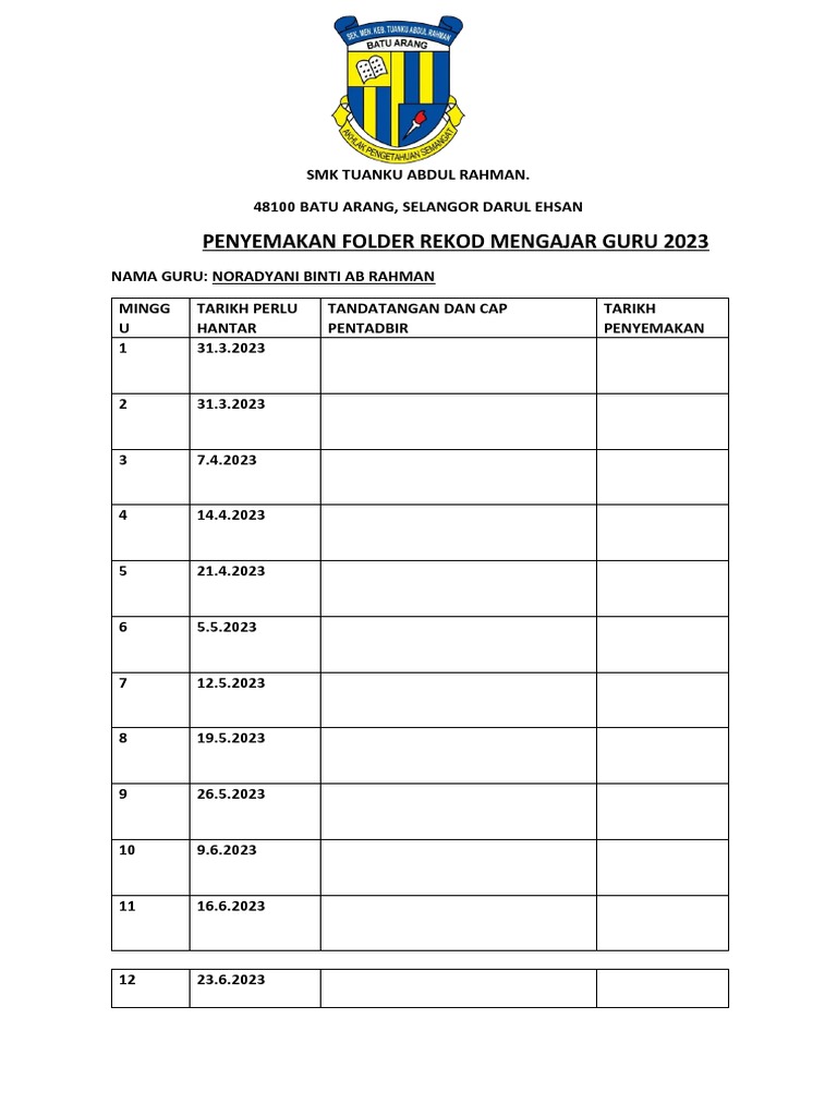 Penyemakan Folder Rekod Mengajar Guru 2023 | PDF