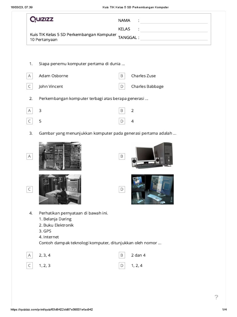 Kuis Tik Kelas 5 Sd Perkembangan Komputer Pdf
