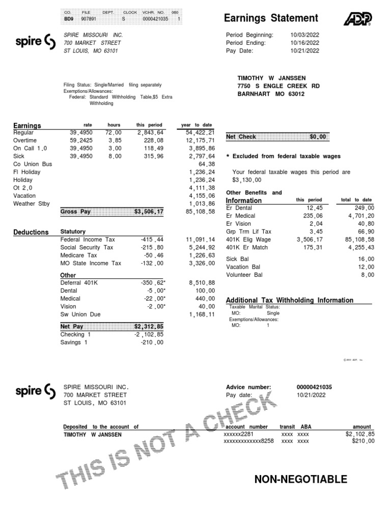 Earnings Statement: Non-Negotiable | PDF | 401(K) | Public Finance