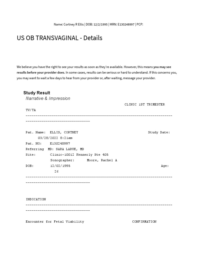 Us Ob Transvaginal - Details: Study Result | PDF | Pregnancy | Fetus