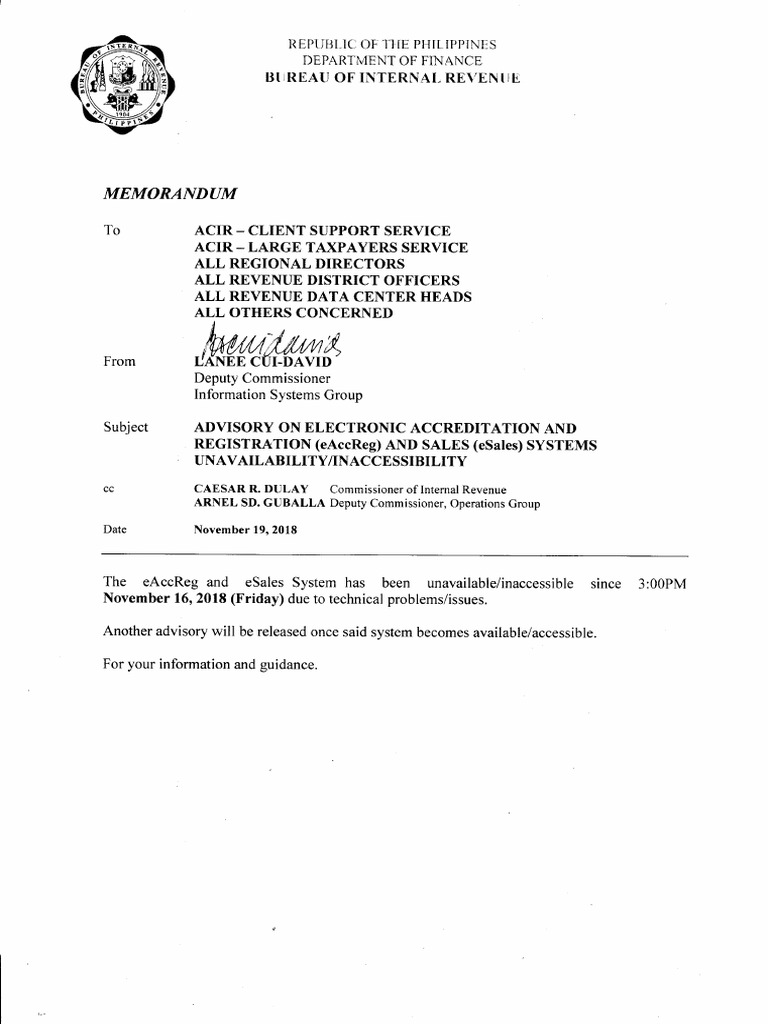 eAccReg and Esales Unavailability-11162018 | PDF