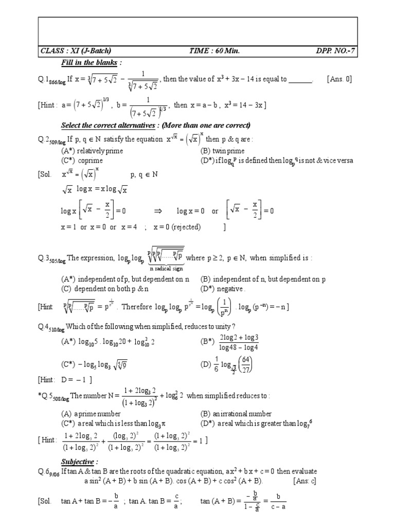 DPP (7-9) 11th J-Batch Maths | PDF | Special Functions | Algebra