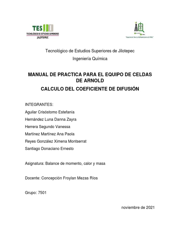 Manual de Practica - Celdas de Arnold. Coeficiente de Difusión-1 | PDF | Difusión | Gases