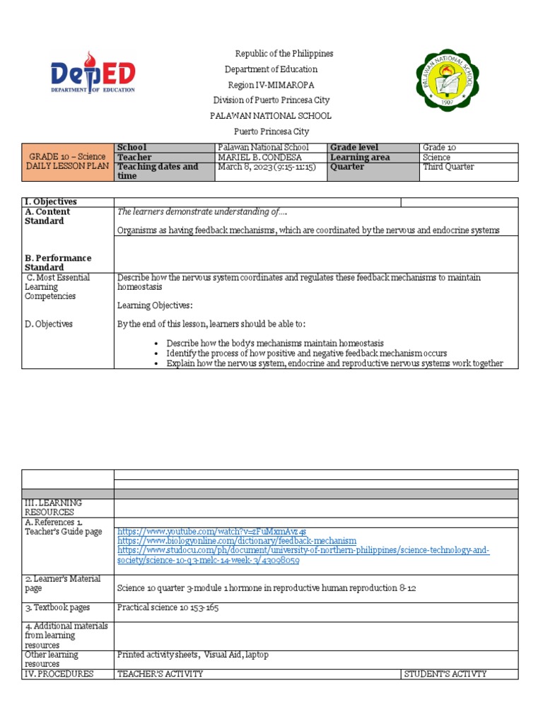 Grade 10 Science Daily Lesson Plan | PDF | Medical Specialties ...